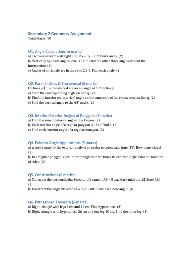 Secondary 2 Geometry Assignment: Q1. Angle Calculations (6 Marks) | PDF
