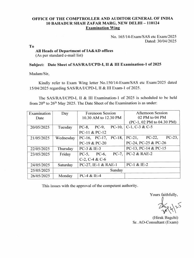 Date Sheet SAS RA I CPD Exam 1 of 2025 068131407b734d8 82907222 | PDF