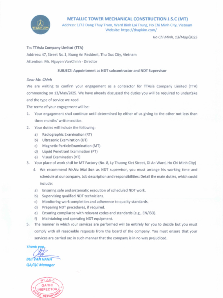 Appointment Letter - TTA | PDF
