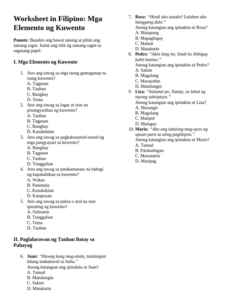 Worksheet in Filipino DAY 1-2 | PDF
