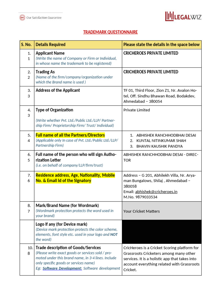 TM Application Questionnaire | PDF