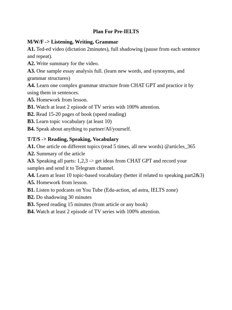 Plan For Pre-Ielts | PDF