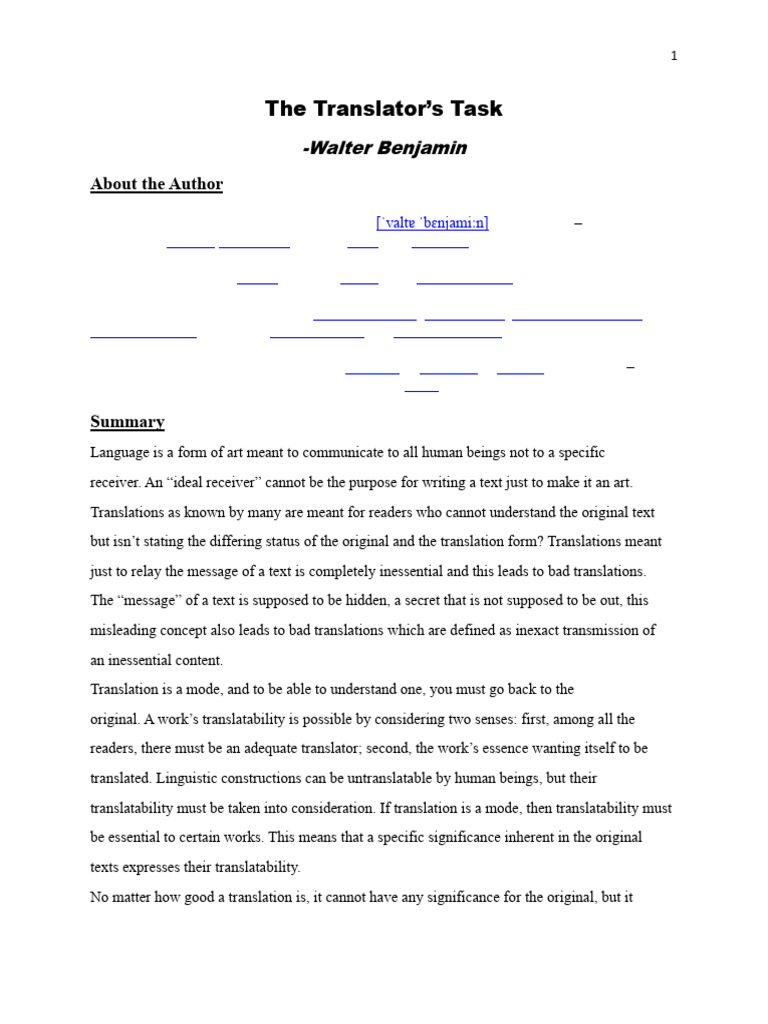 The Task of A Translator - Walter Benjamin | PDF | Translations