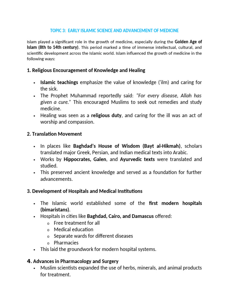 Islam Role in The Growth of Medicine | PDF | Medicine | Surgery