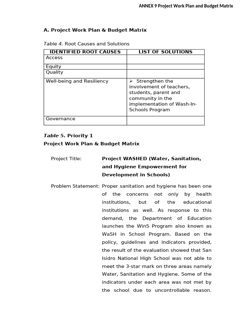 WiNs - SIP Annex 9 - Project Work Plan and Budget Matrix | PDF | Wash | Hygiene