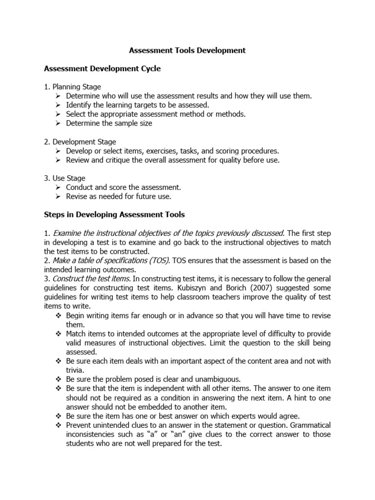 Assessment Tools Development | PDF | Validity (Statistics) | Educational Assessment