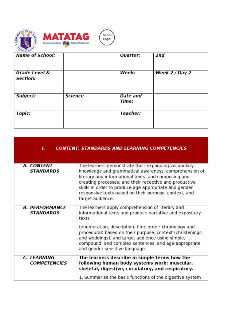 Science4 DLP Q2 WK2 D2 | PDF | Stomach | Digestion