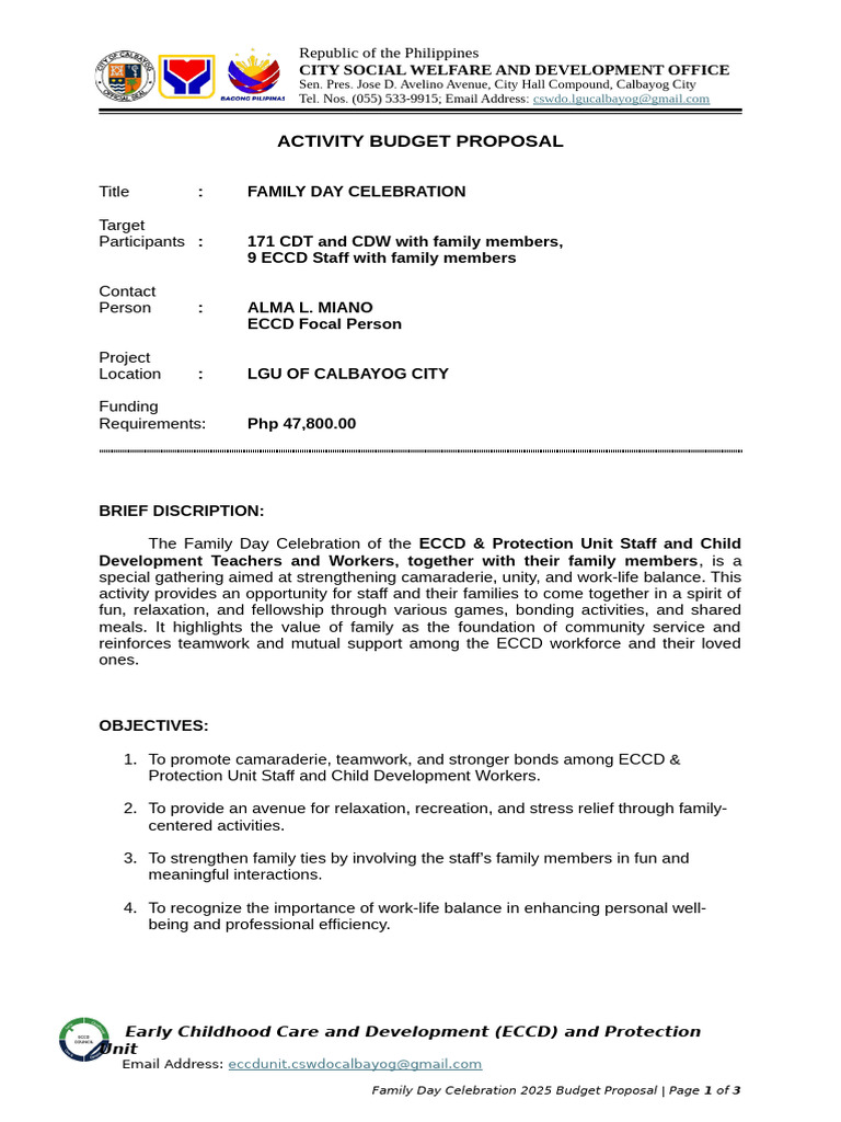 Activity Budget Proposal For Family Day Celebration | PDF