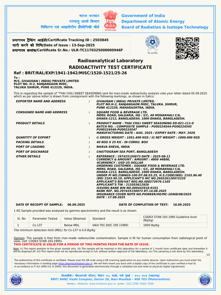 RC Final - 102194183 - Square Food & Beverage - B'desh - 1000 KG - Sea ...