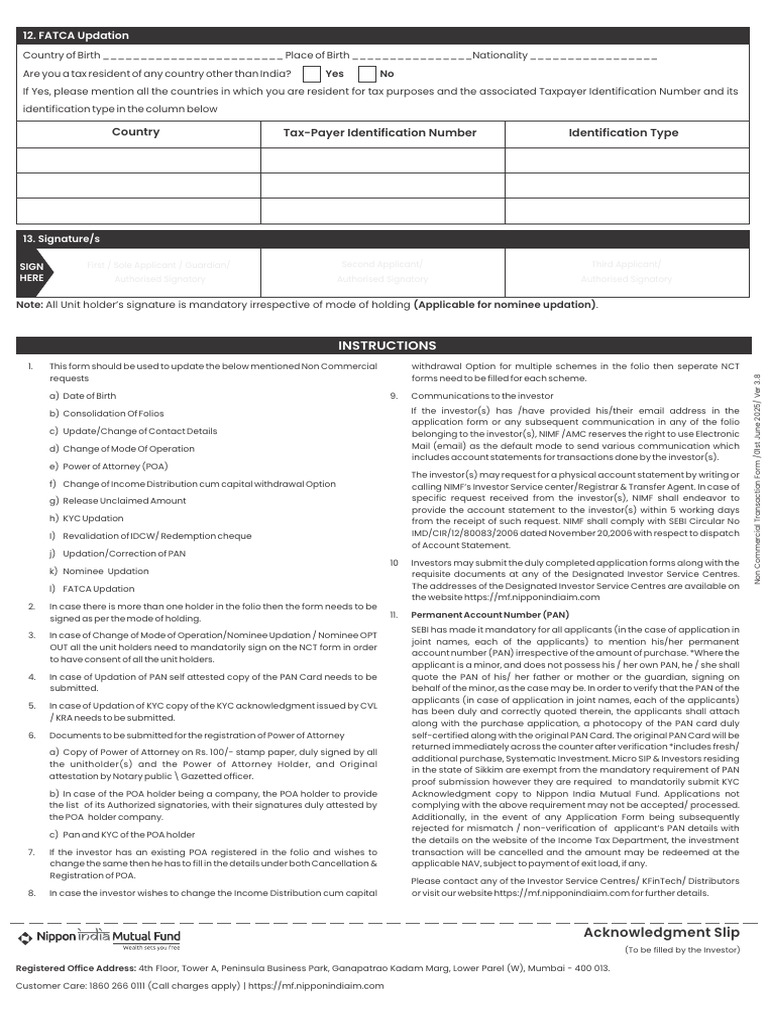 FATCA Form for Nippon India Mutual Fund | PDF | Taxes