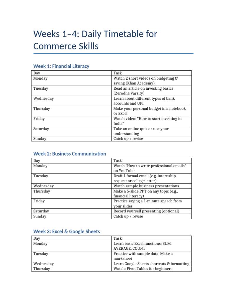 4-Week Commerce Skills Timetable | PDF | Microsoft Excel