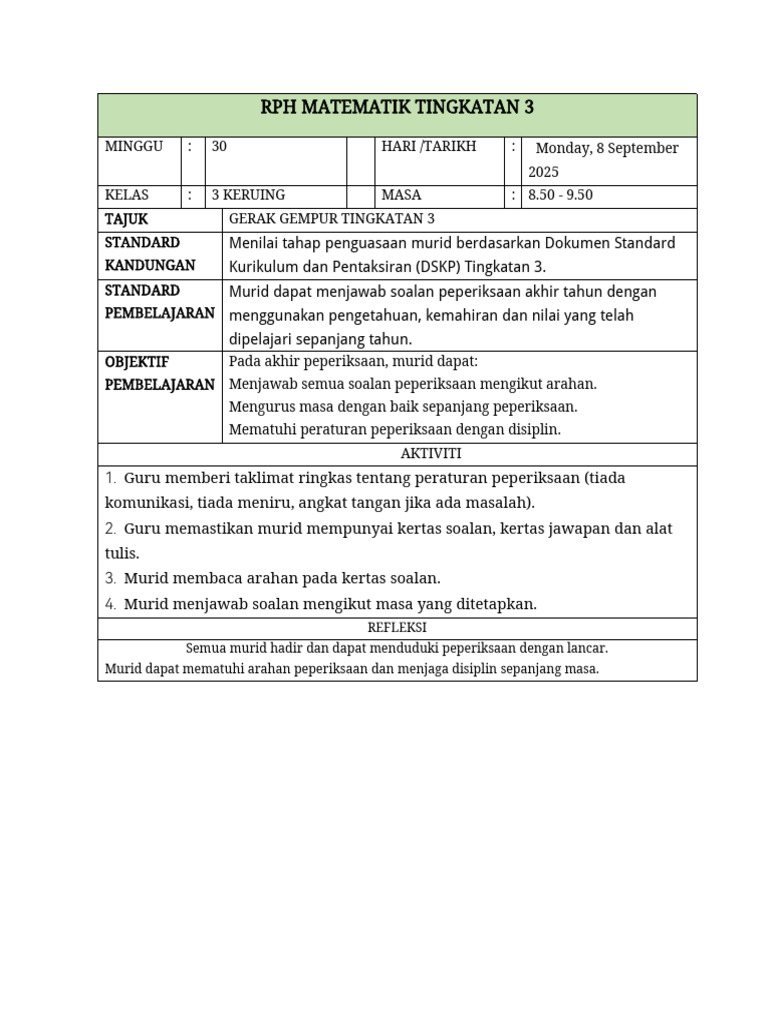 RPH Minggu 30 2025 | PDF