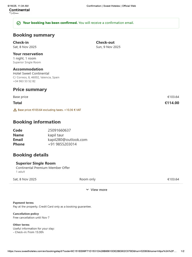 Confirmation - Sweet Hoteles - Hotel No 2 | PDF