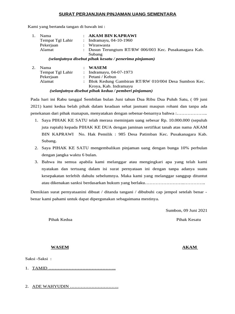 Surat Perjanjian Pinjam Uang | PDF