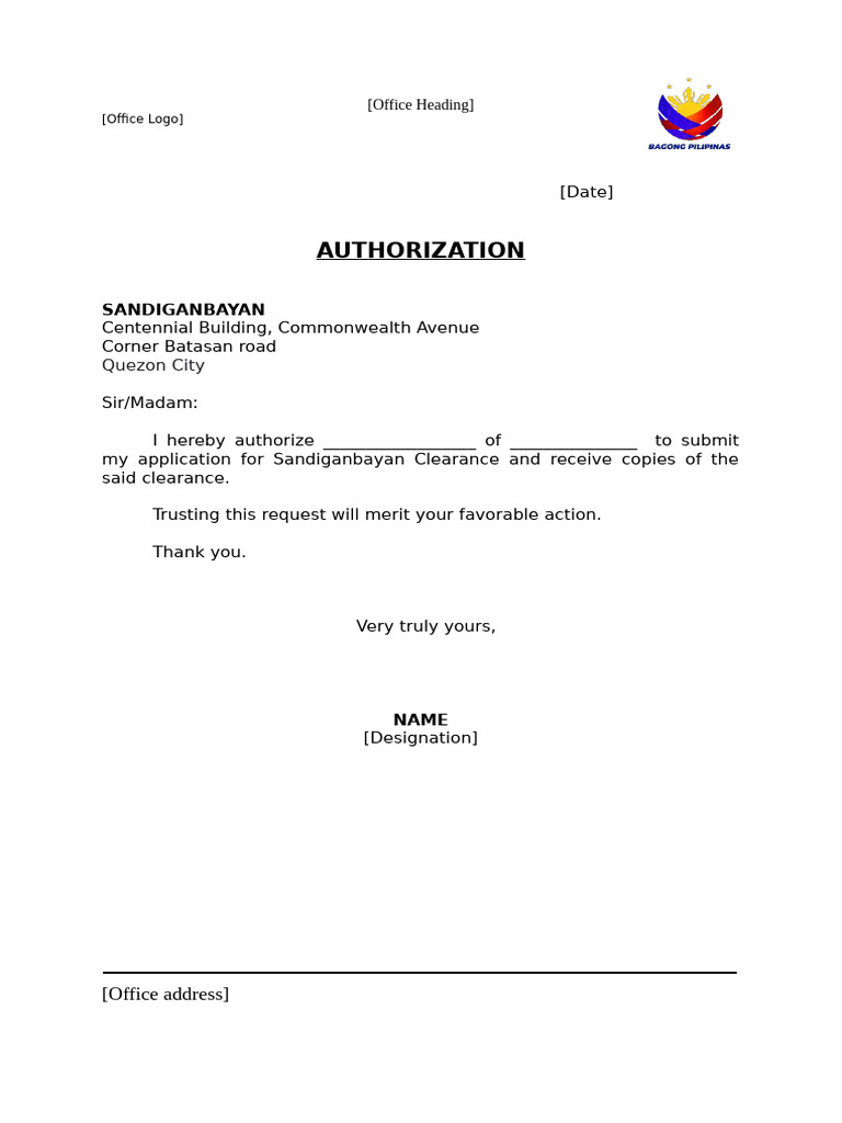 Draft Authorization Letter For Sandiganbayan Clearance (For Government ...