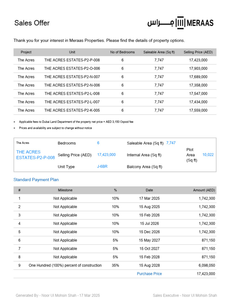 Meraas Properties Sales Offers for The Acres | PDF