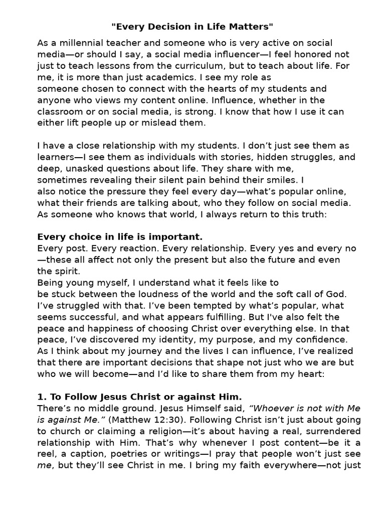 Reflection (In Every Decisions in Life, Matters) Steph | PDF | Jesus ...
