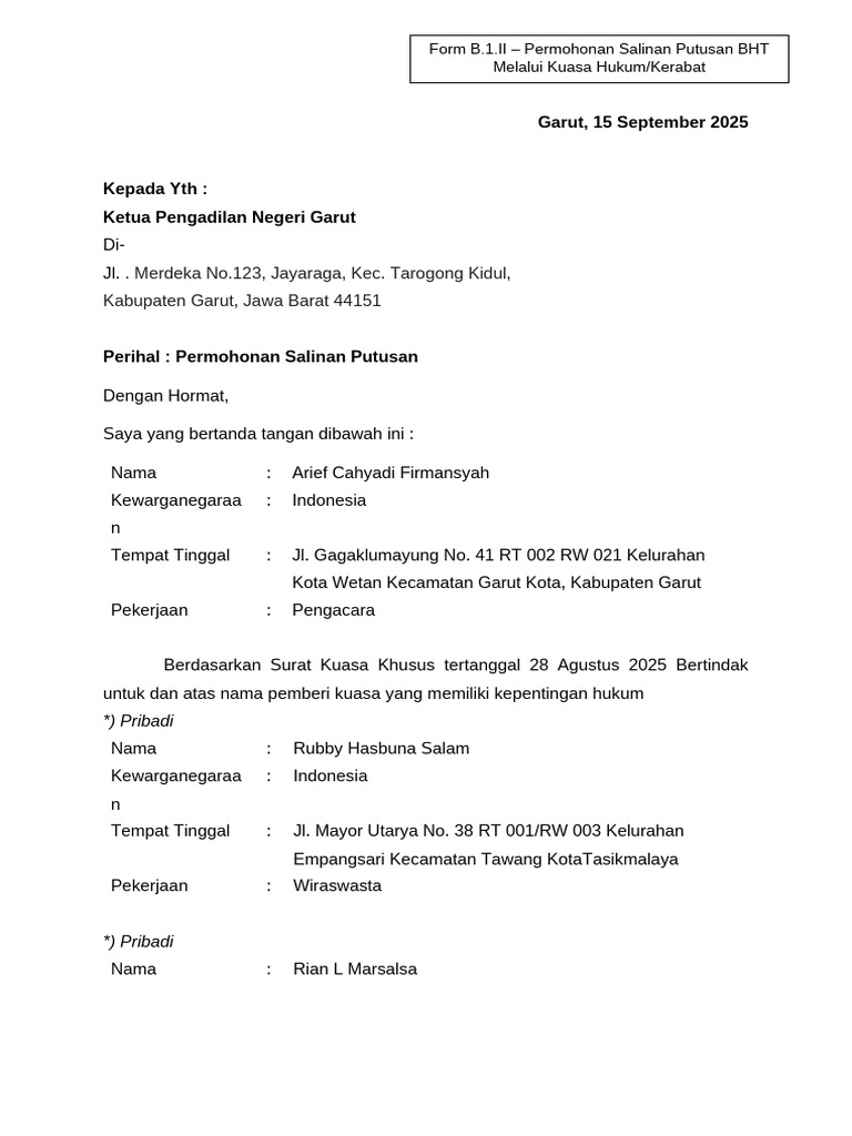 Permohonan Salinan Putusan Pengadilan Garut | PDF