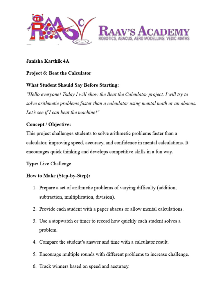 Janisha Karthik 4A Project 6 - Beat The Calculator | PDF