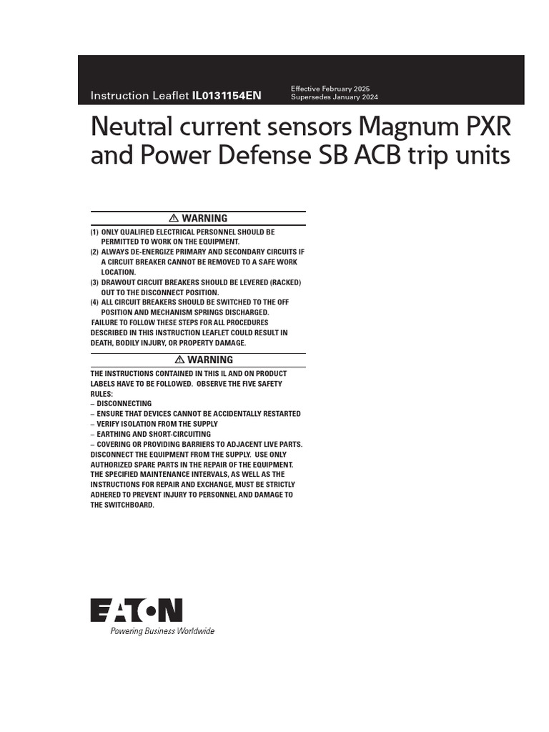 Neutral Current Sensors Magnum PXR and Power Defense SB ACB Trip Units ...