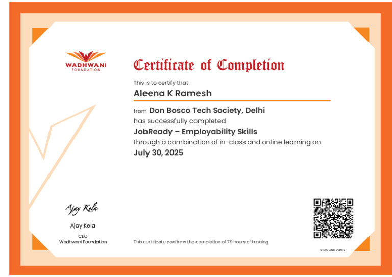 Wadhwani Foundation Certificate - 6889b88e3f65f6e20bafd838 | PDF