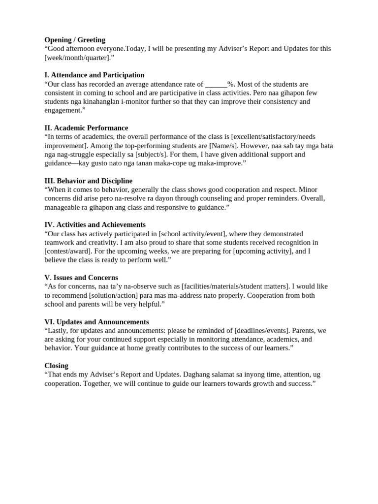 Adviser’s Report: Class Updates & Insights | PDF