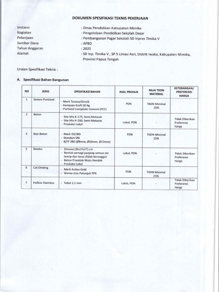SPESIFIKASI+TEKNIS+Pembangunan+Pagar+Sekolah+SD+INP+ Timika+V | PDF