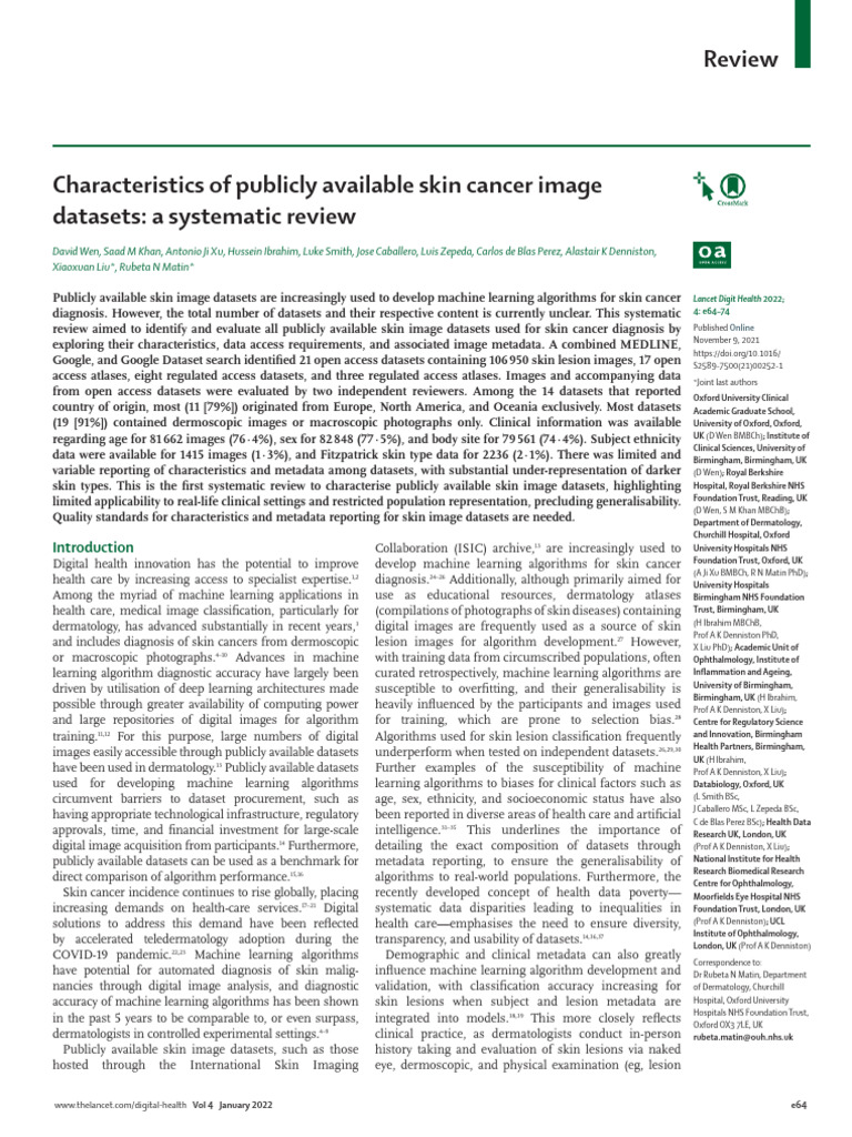 Skin Cancer Image Datasets Review | PDF | Machine Learning | Metadata