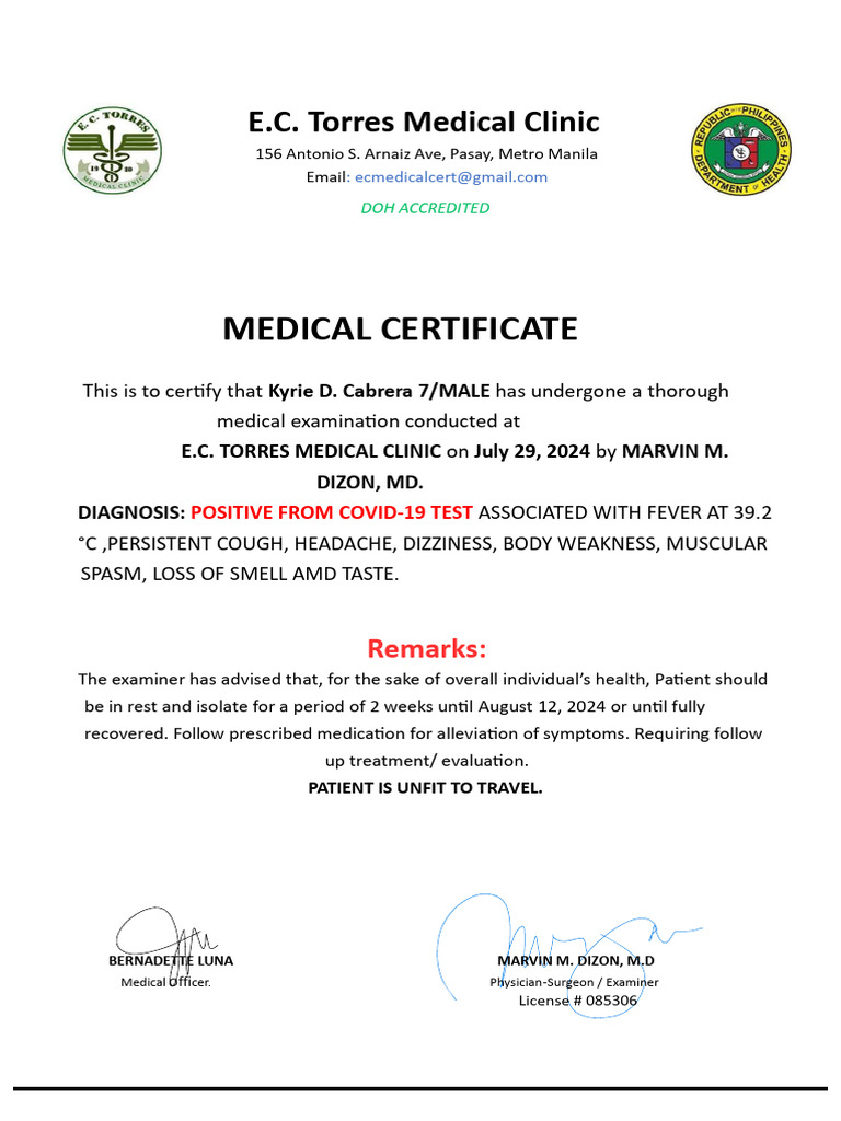Medical Certificate: Unfit to Work | PDF