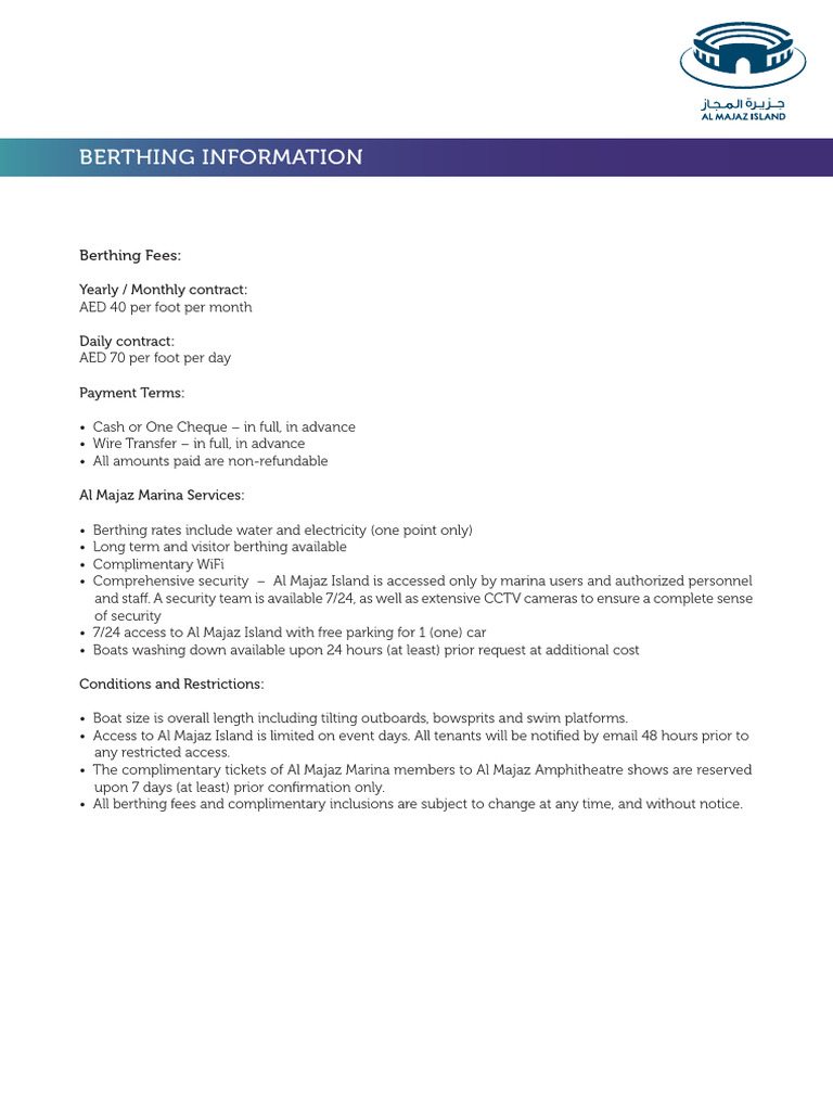 Al Majaz Marina Berthing Fees & Services | PDF