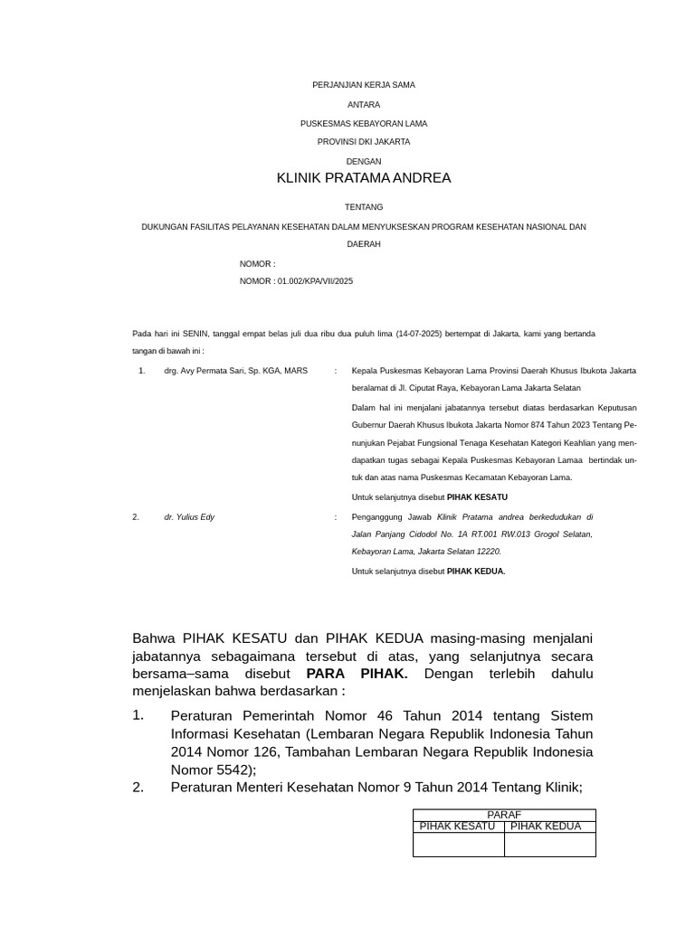 Lampiran 2 Contoh Mou Pks Klinik PM | PDF
