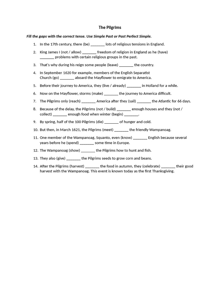 The Pilgrims Past Simple Past Perf | PDF