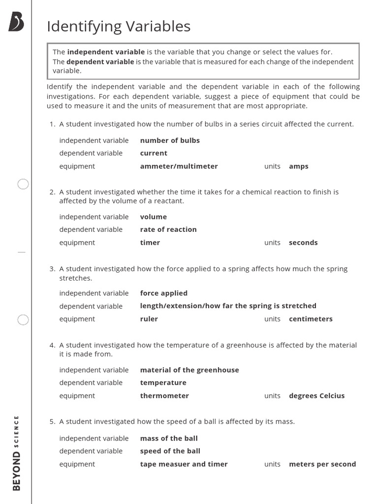 Identifying Variables Worksheet V2 - Answers | PDF