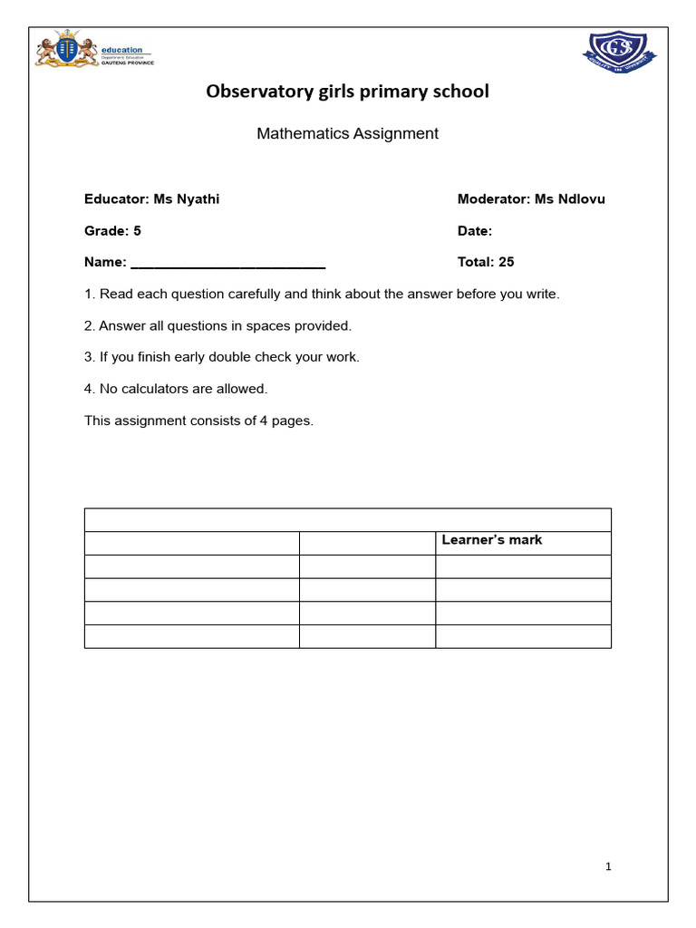 Grade 5 Maths Assessment Term 1 2024 | PDF | Cognitive Science ...