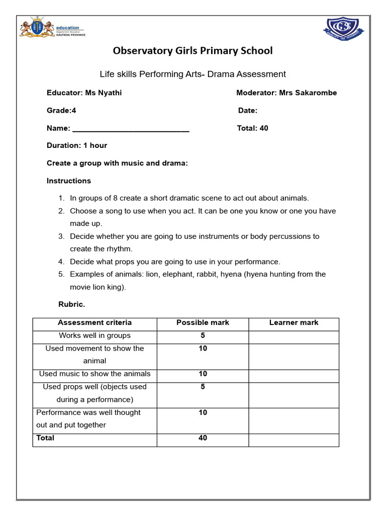 Grade 4 Drama Assessment Guide | PDF
