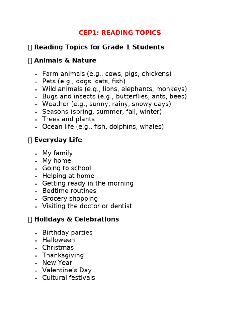 Grade 1 Reading Topics Guide | PDF
