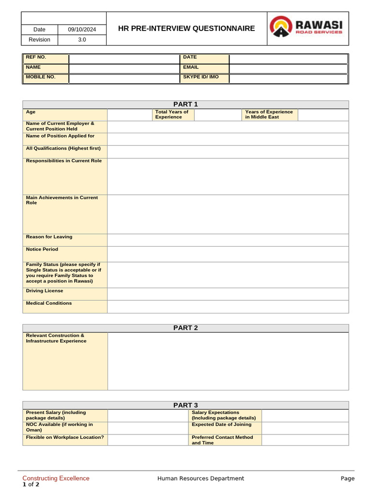 Rrs Sop-Hrl 001 t4 HR Pre - Interview Questionnaire | PDF