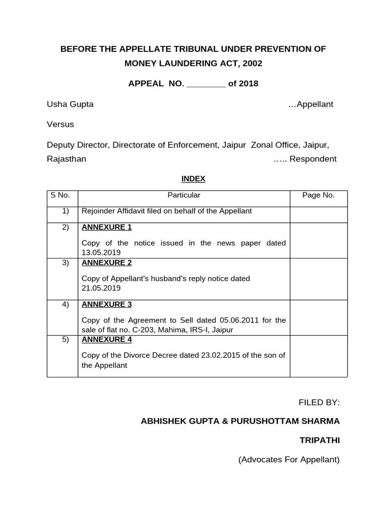Appeal Under PMLA: Usha Gupta Case | PDF