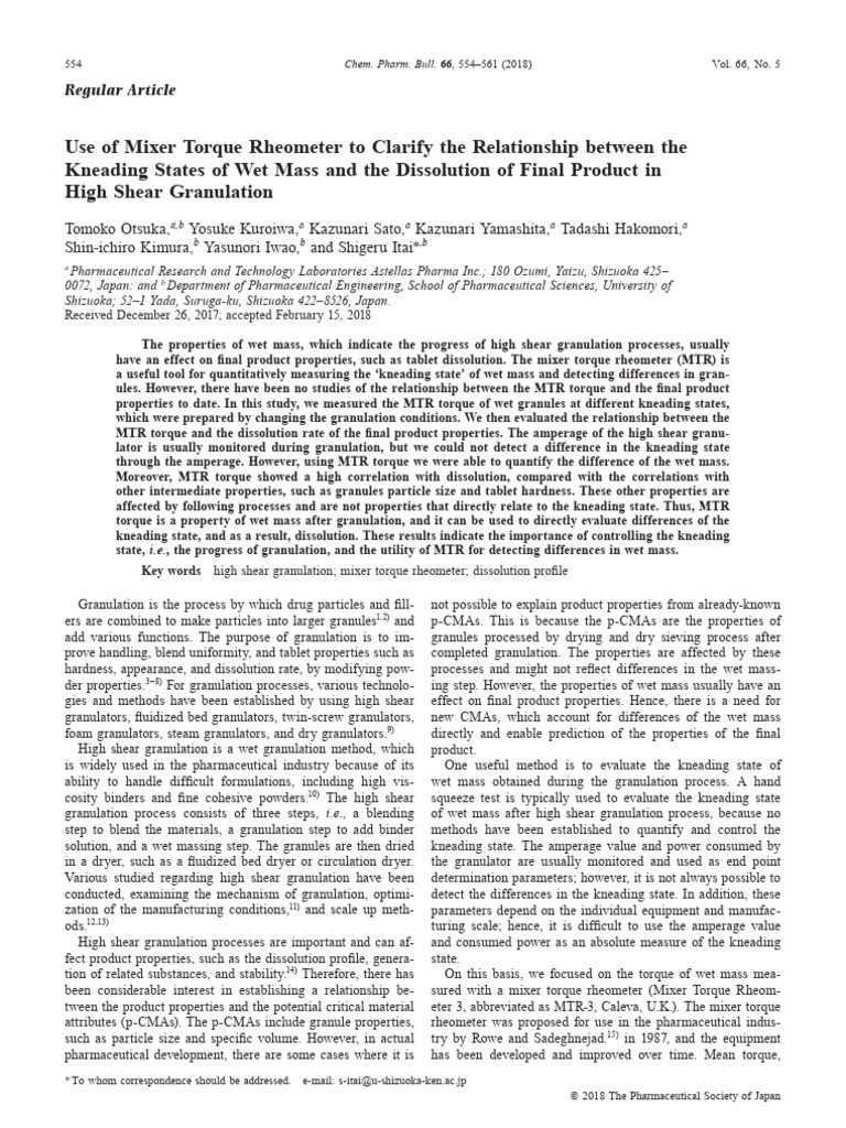 Mixer Torque Rheometer in Wet Granulation | PDF | Tablet (Pharmacy)