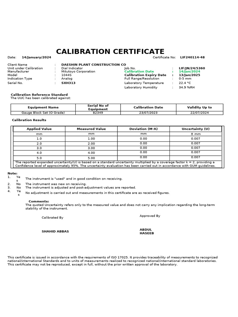 Calibration Certificate for Dial Indicator | PDF | Calibration ...