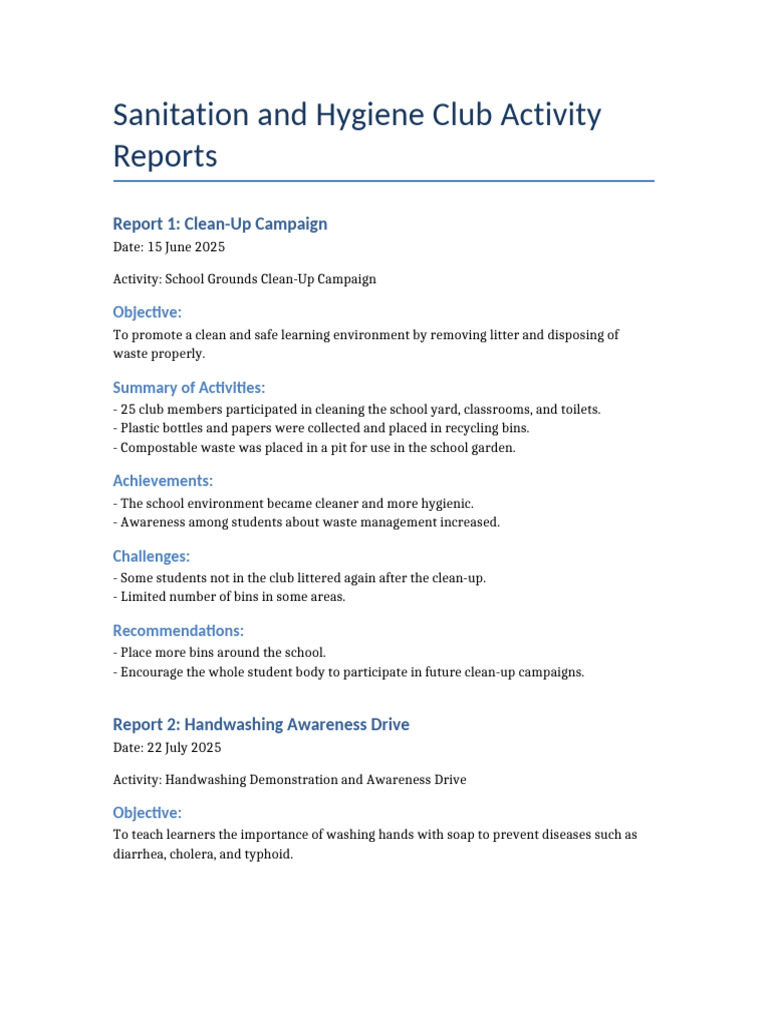 Sanitation Club Activities Report 2025 | PDF | Hand Washing | Hygiene