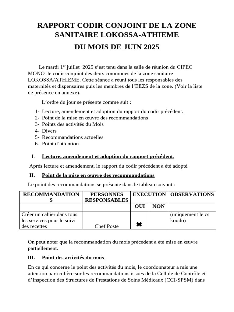 Rapport CODIR Juin 2025 Lokossa-Athiémé | PDF