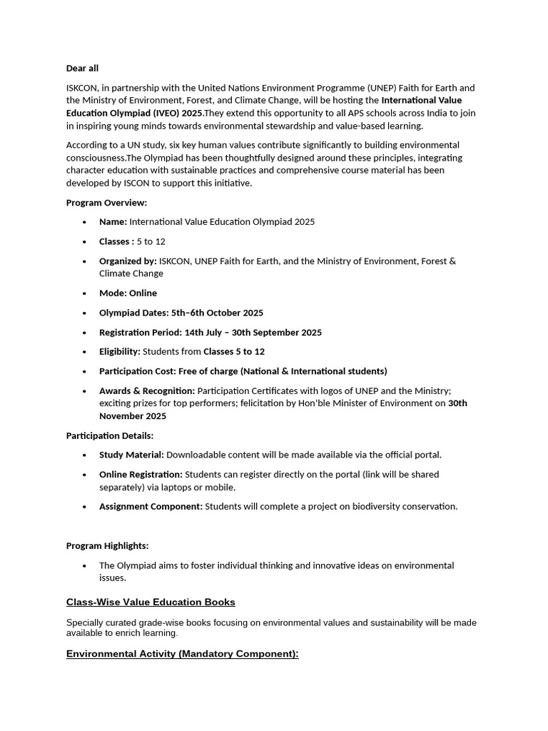 International Value Education Olympiad 2025 | PDF | Natural Environment ...