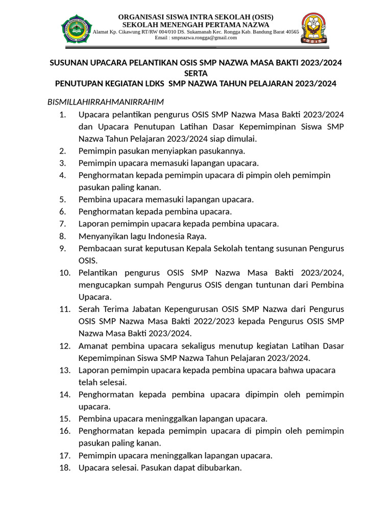 Susunan Upacara Pelantikan Osis SMP Nazwa Masa Bakti 2023 | PDF