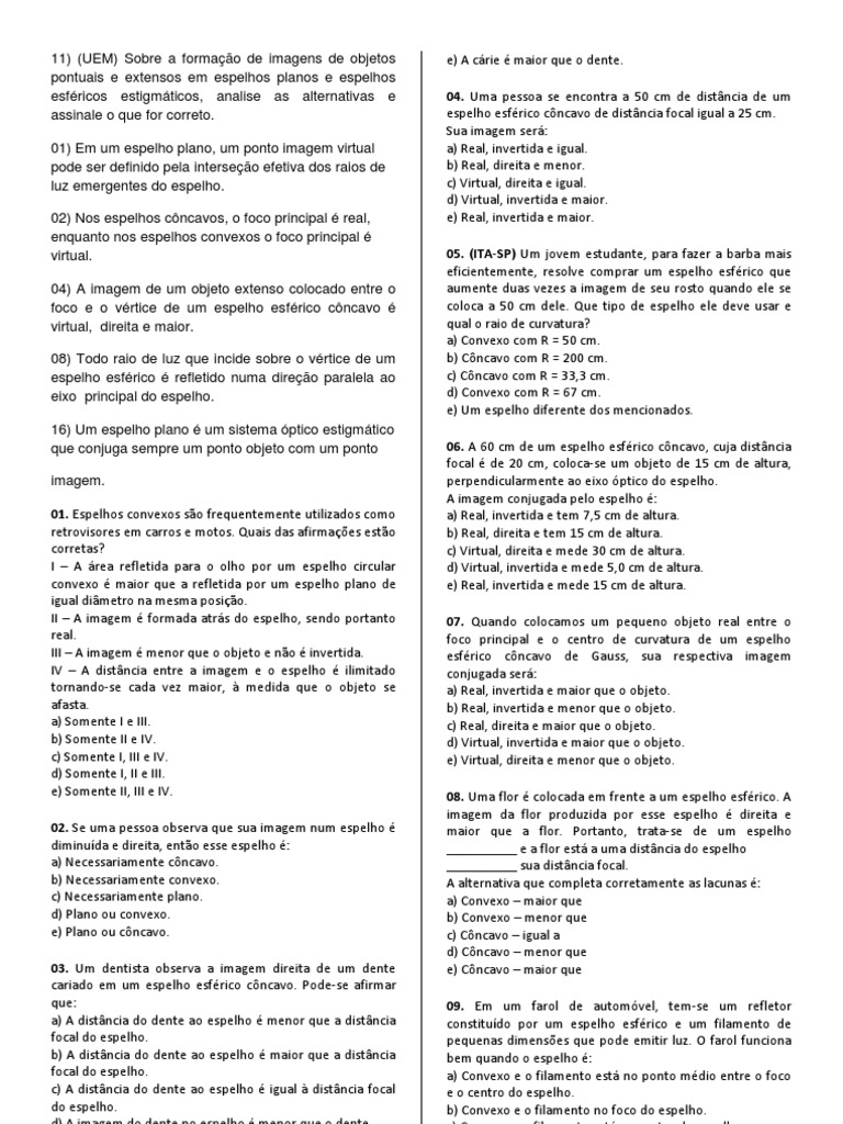 Questões Complementares FISICA | PDF | Espelho | Atômica