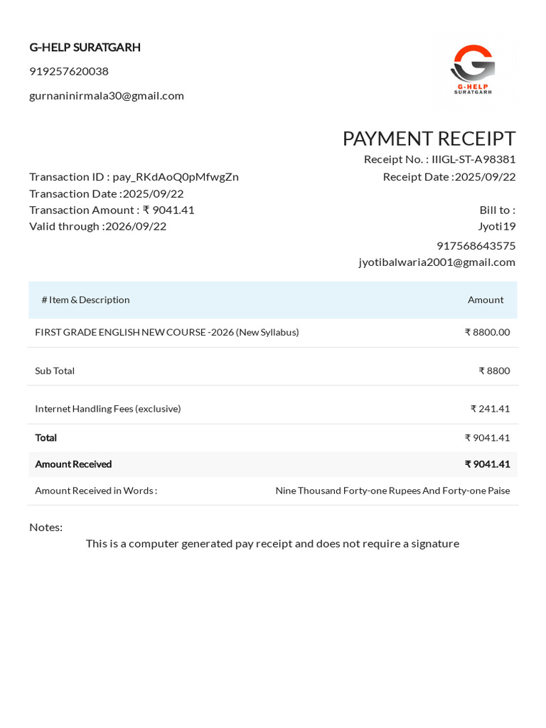 Payment Receipt for English Course 2026 | PDF