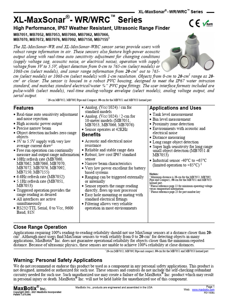 MaxSonar-WR XL Datasheet | PDF | Sensor | Ultrasound