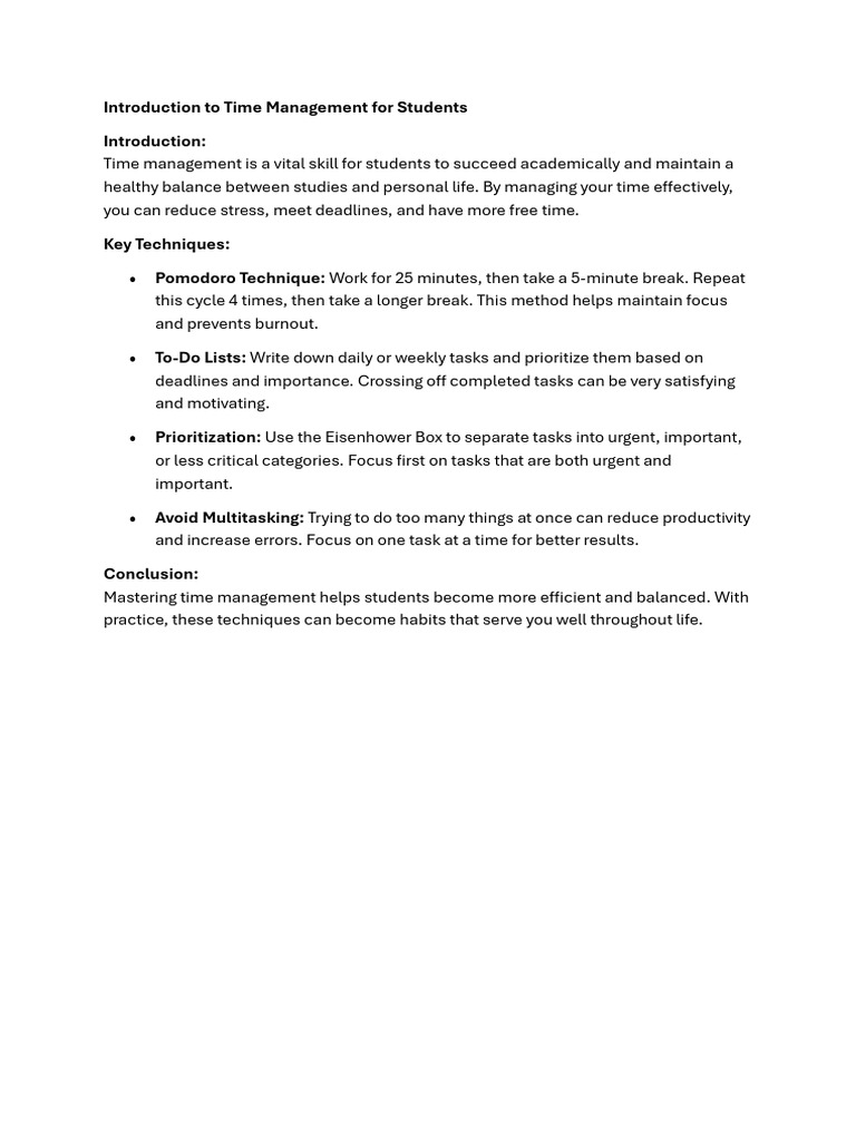 Introduction To Time Management For Students | PDF
