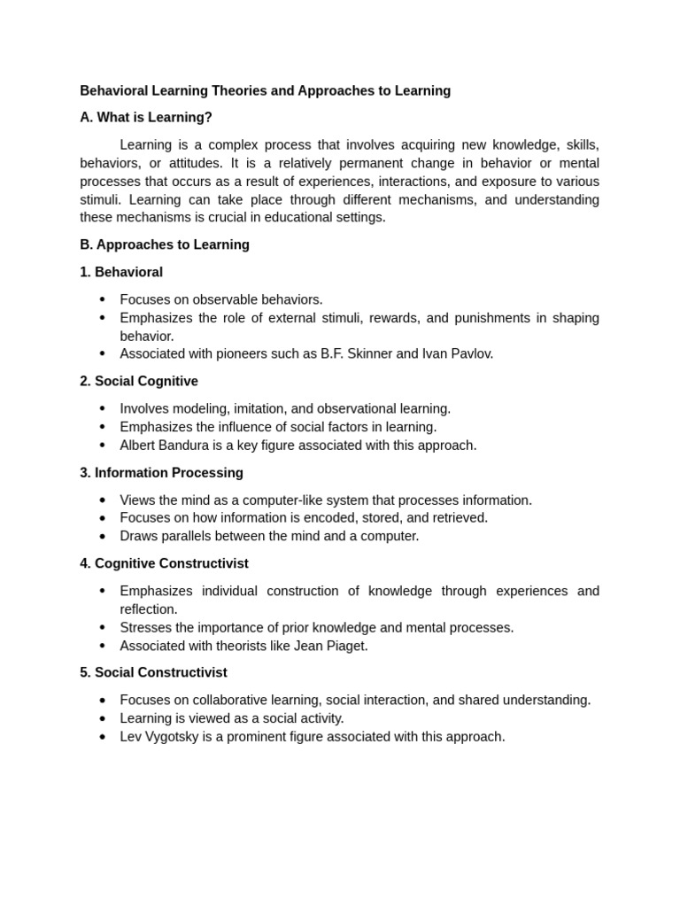 Behavioral Learning Theories and Approaches To Learning | PDF