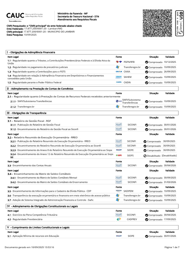 Extrato CAUC - 17.877.200-0001-20 - Lambari-MG - Opção I - 10-09-2025 ...